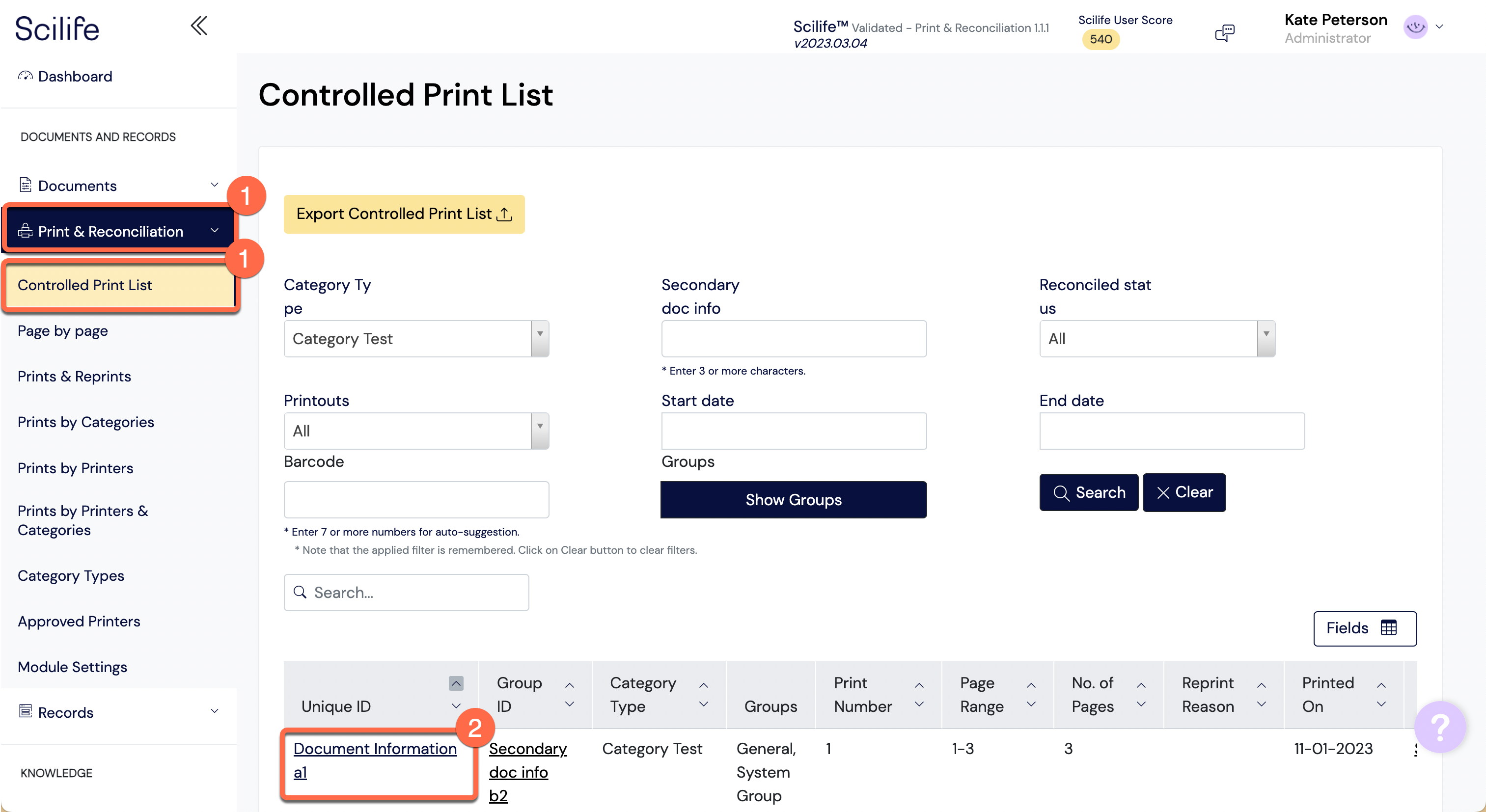 Report of print reconciliation – Scilife