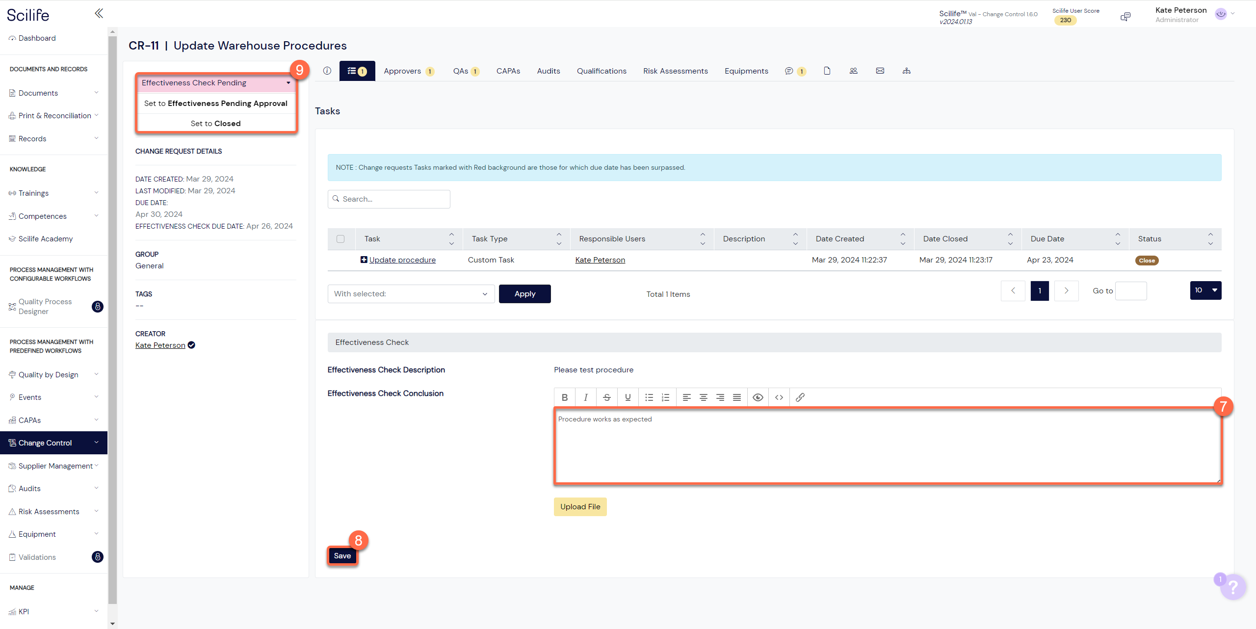 How do I add an Effectiveness Check to a Change Request? – Scilife