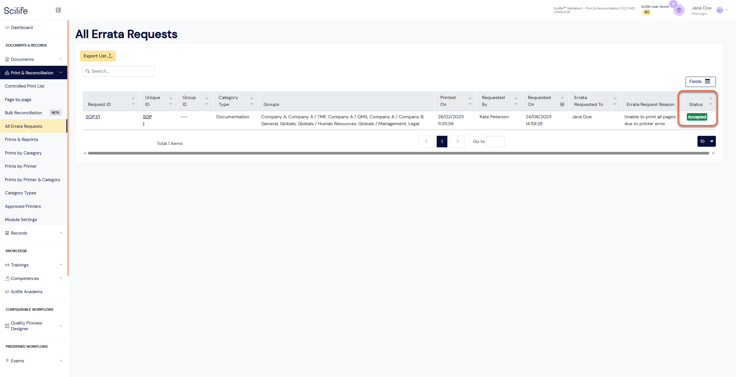 What happens if a Manager rejects an ERRATA status document? – Scilife