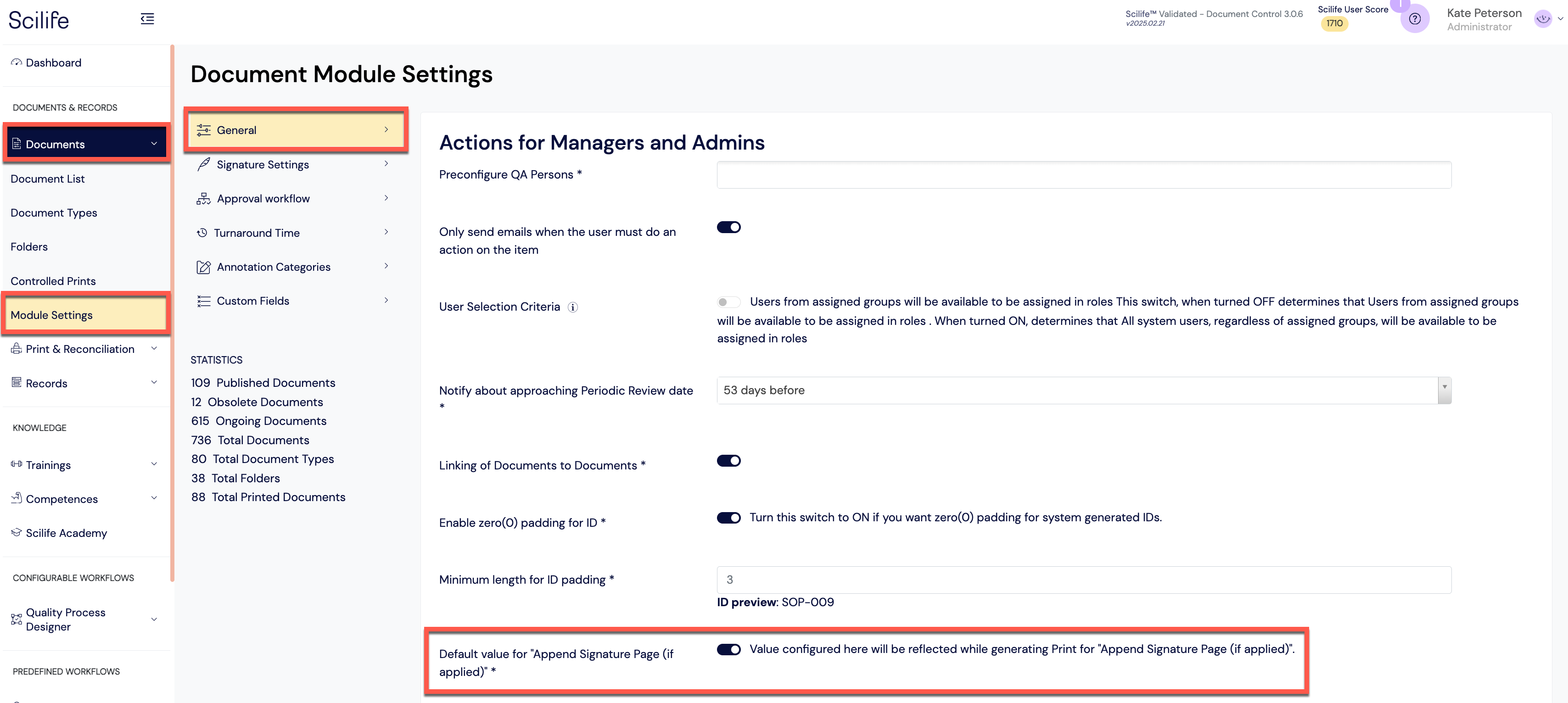 What is the default value for 'Append Signature Page' in module ...