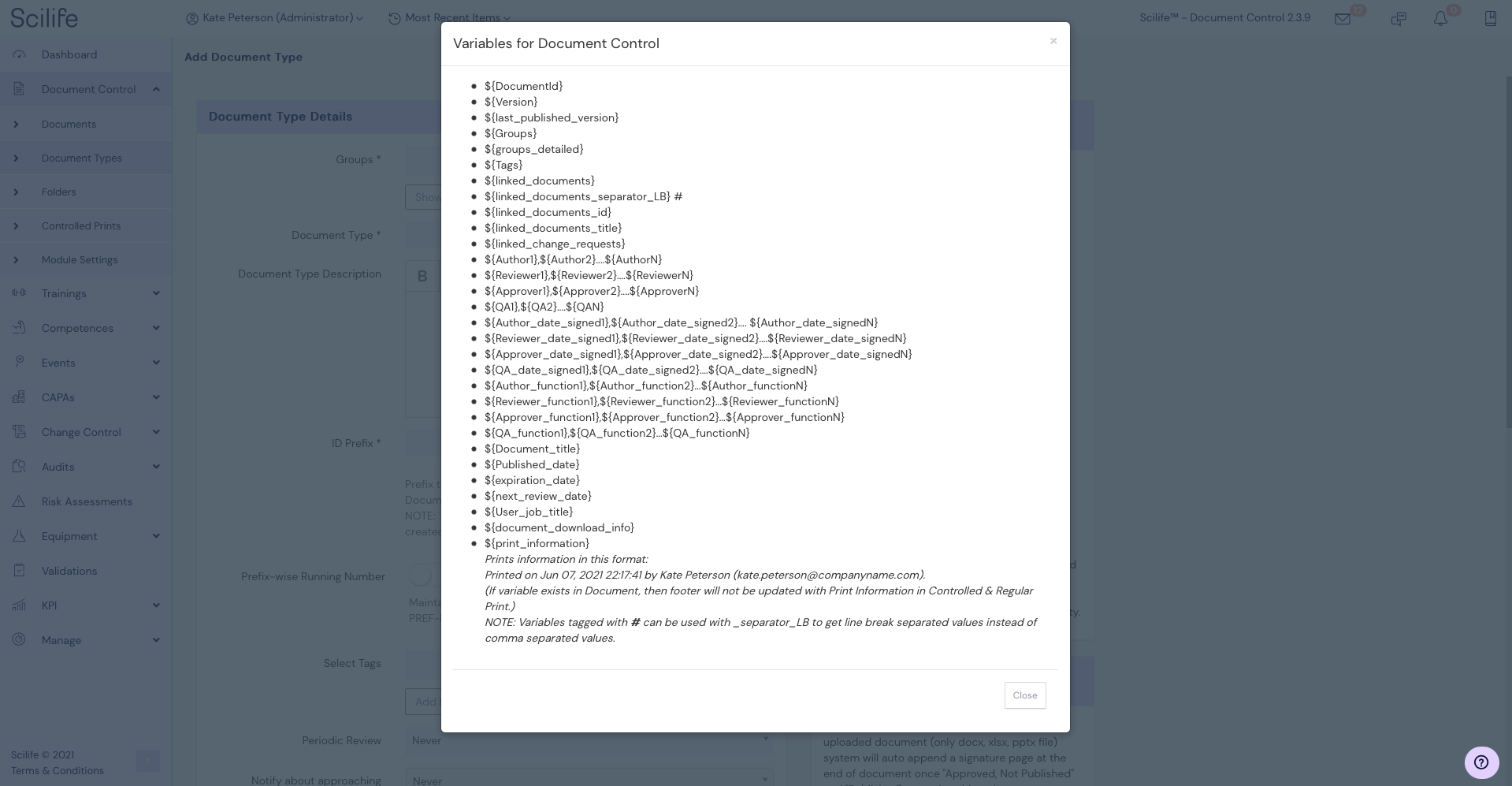 Adding variables to Document Types – Scilife