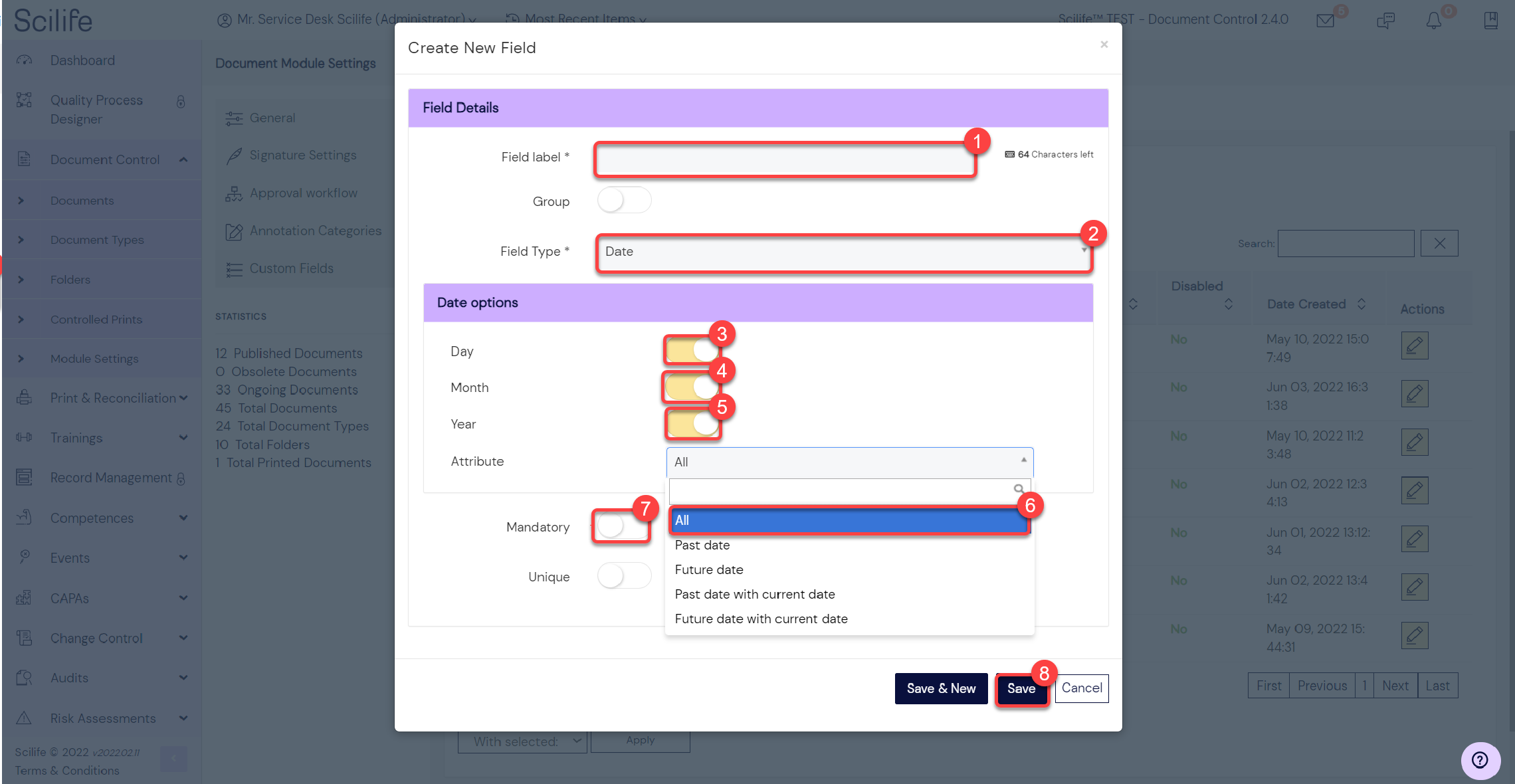 Creating A Date Custom Field In Document Control Scilife
