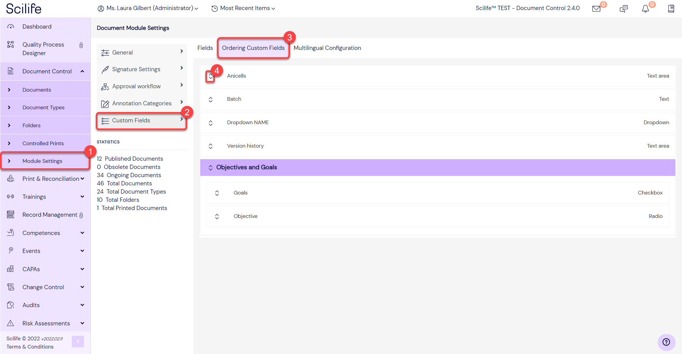 Ordering Custom Fields in Document Control – Scilife