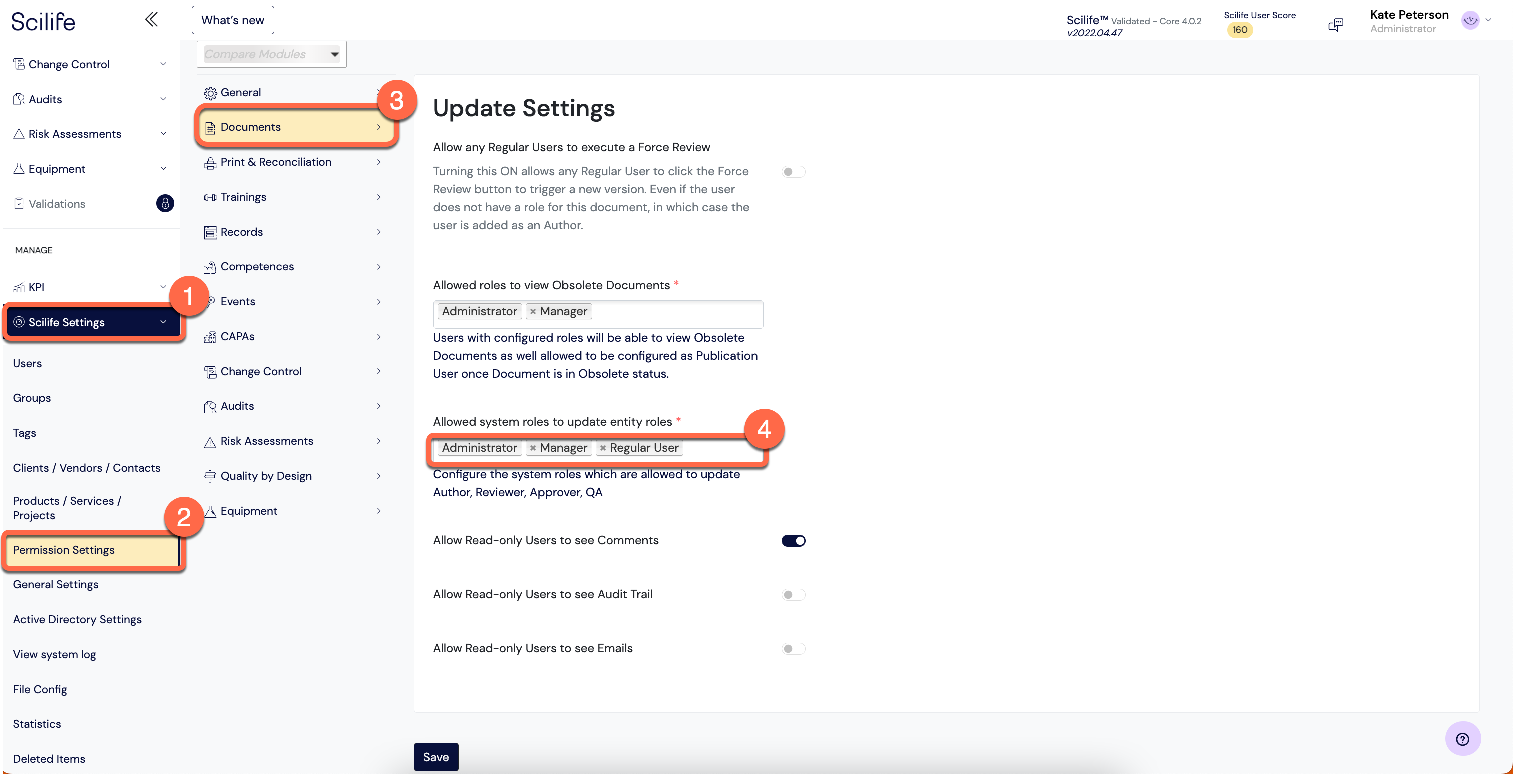 What is the "Allowed system roles to update entity roles" setting for? – Scilife
