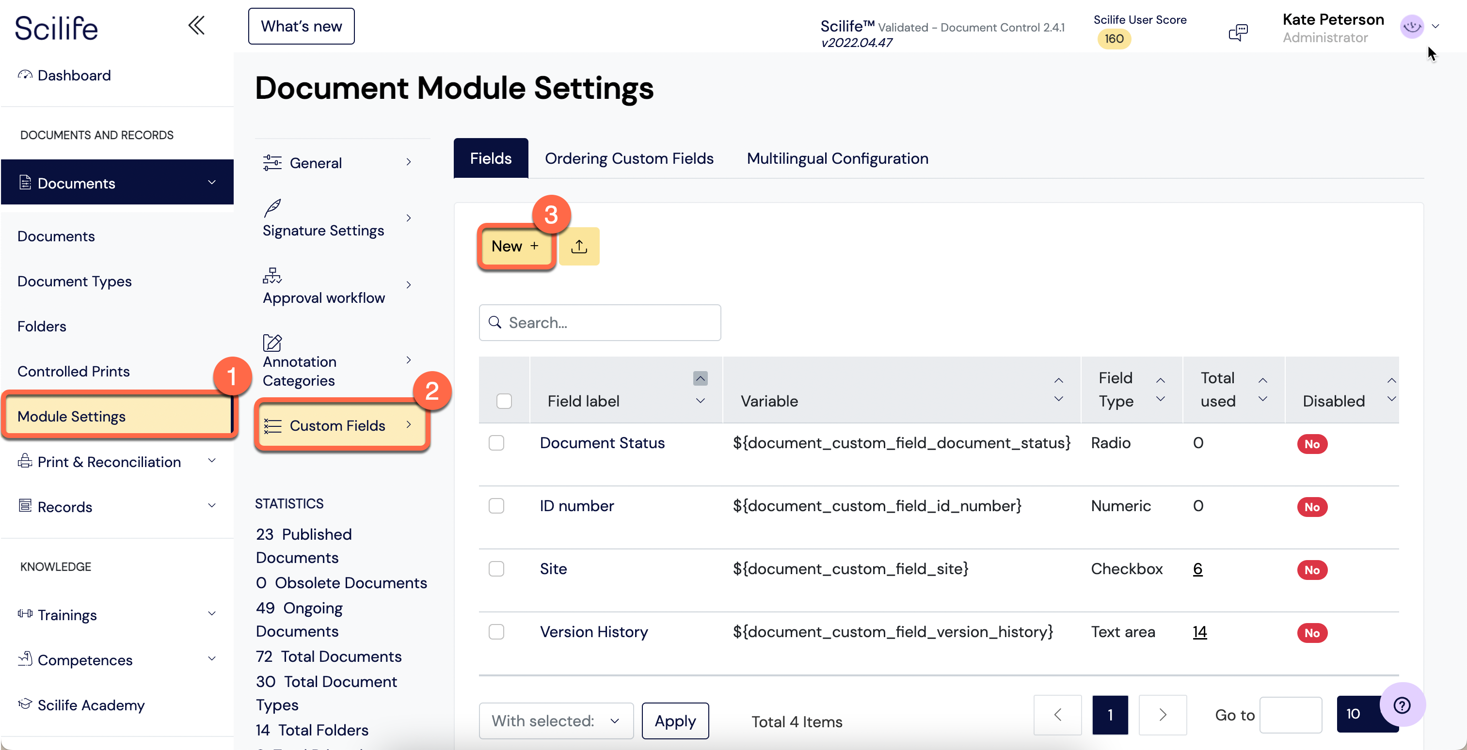 Creating a Numeric Custom Field in Document Control – Scilife