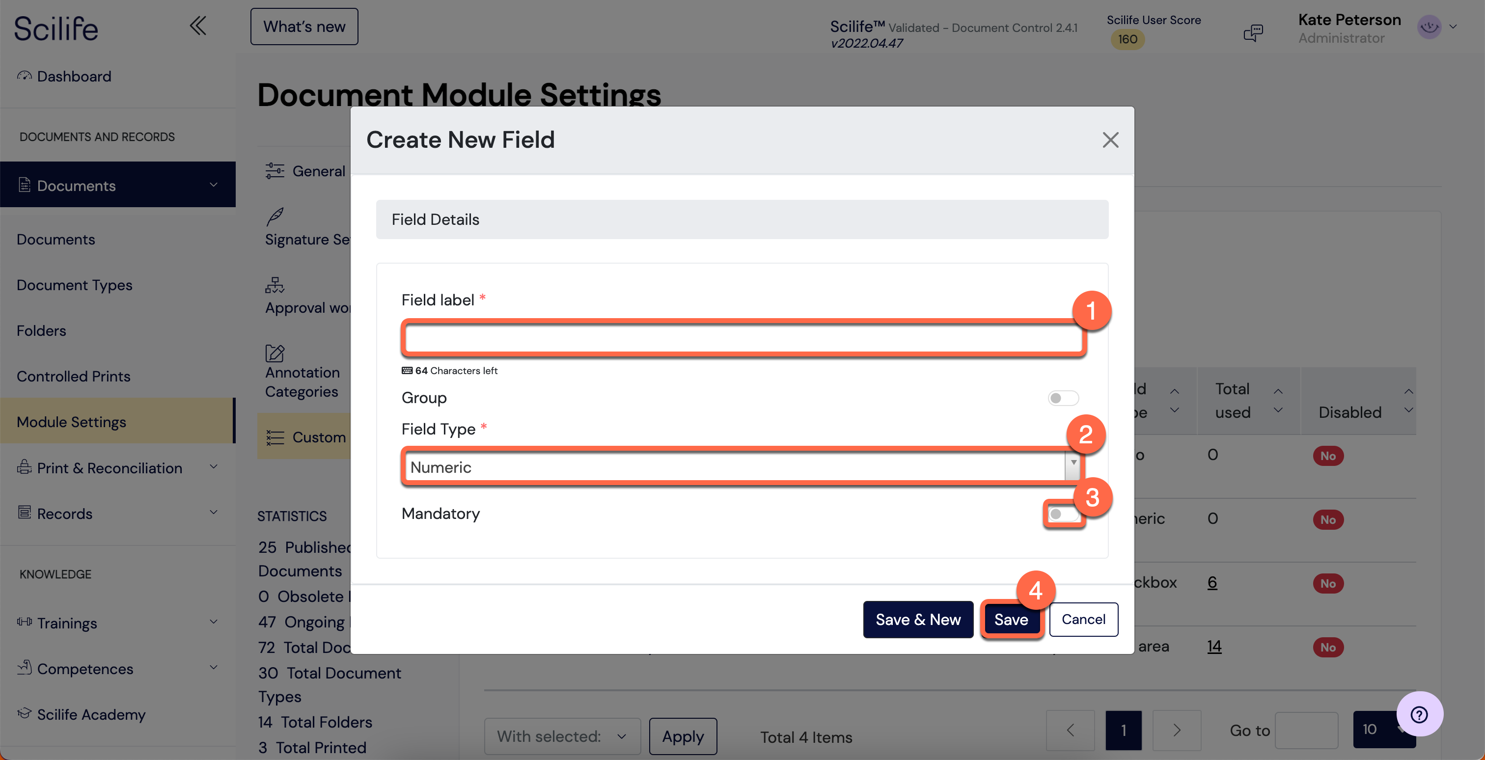 Creating a Numeric Custom Field in Document Control – Scilife