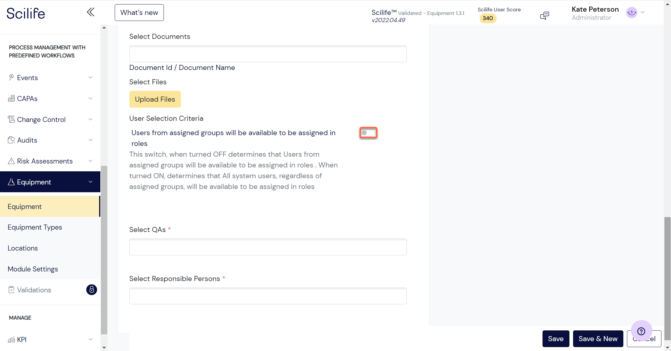 User Selection Criteria Equipment Scilife