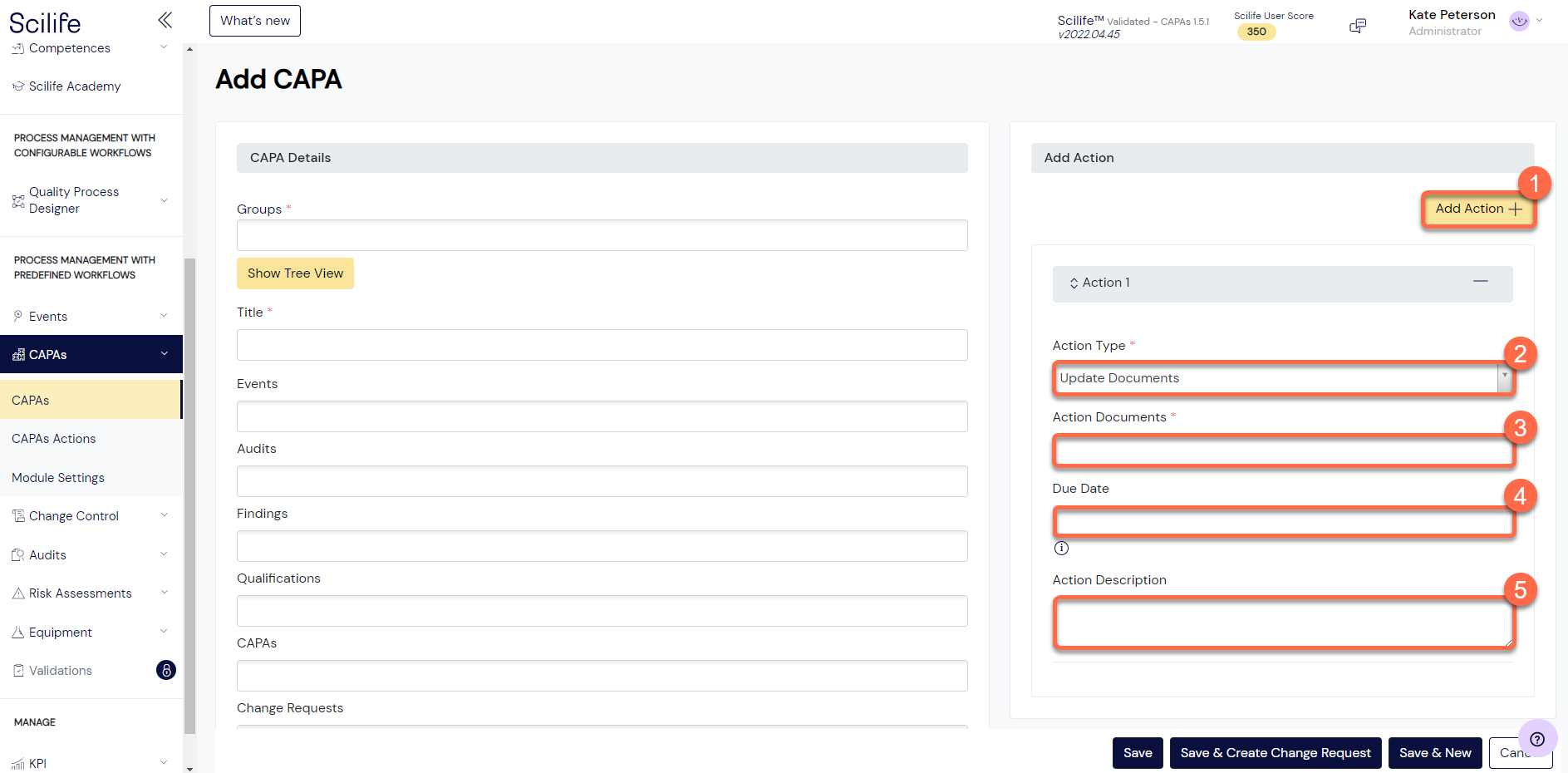 Creating a CAPA with various Actions – Scilife