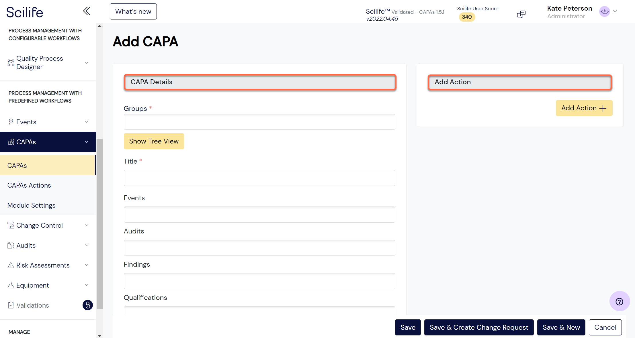Creating a CAPA with various Actions – Scilife