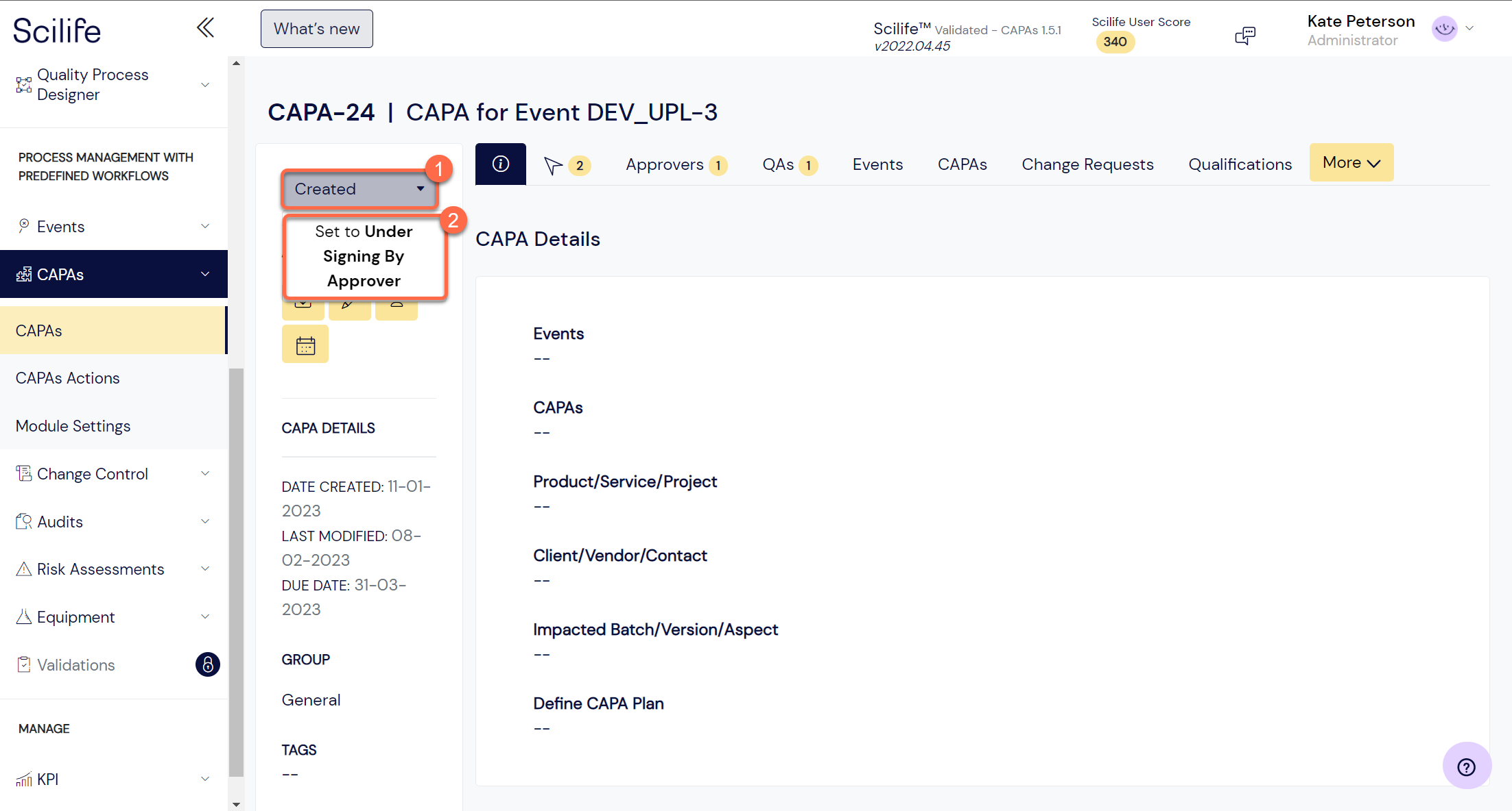 CAPA: Created status – Scilife