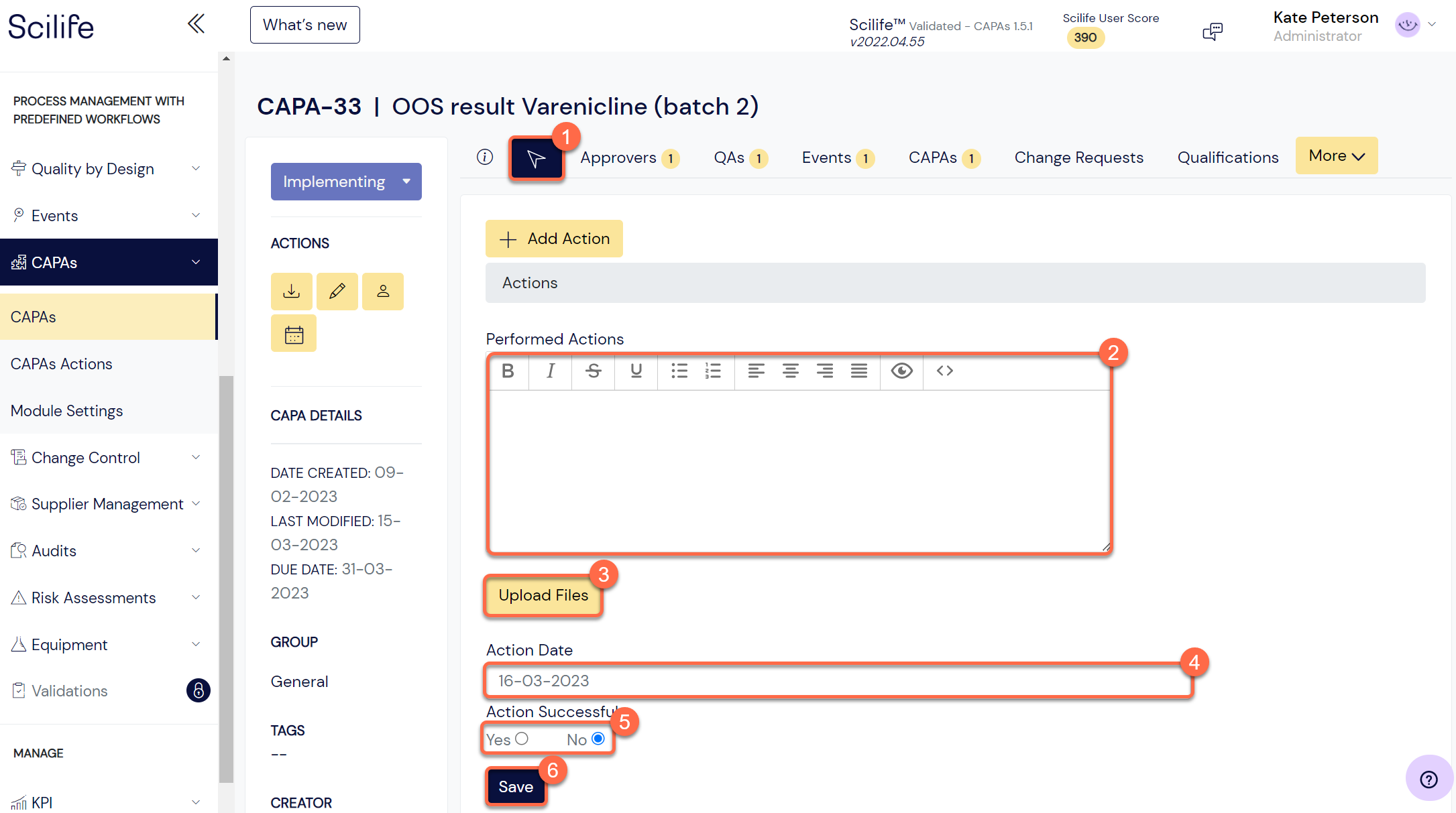 Implementing status: Simple workflow CAPA – Scilife