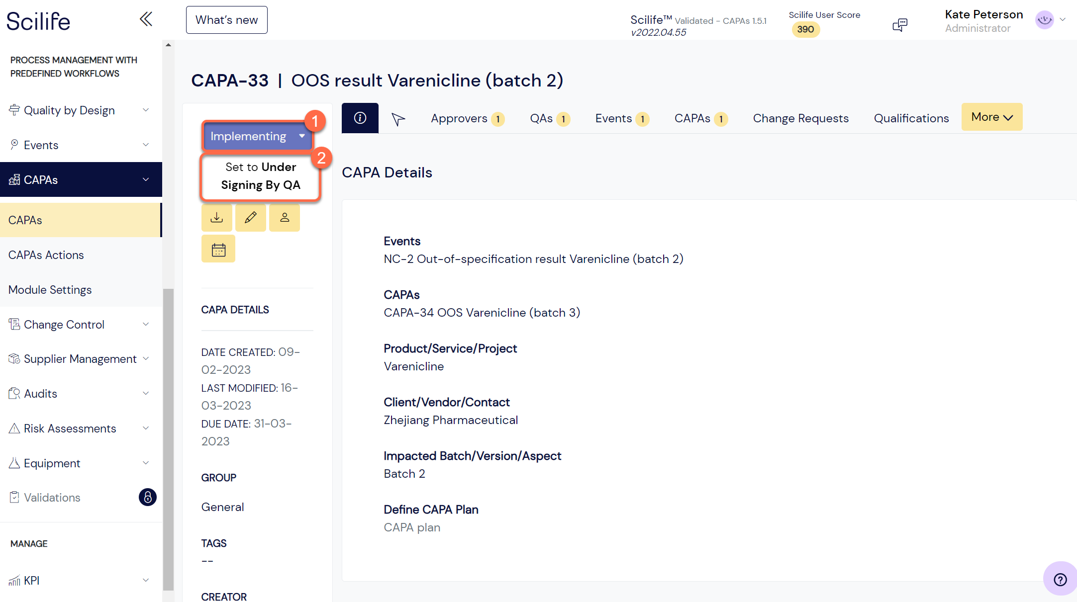 Implementing status: Simple workflow CAPA – Scilife