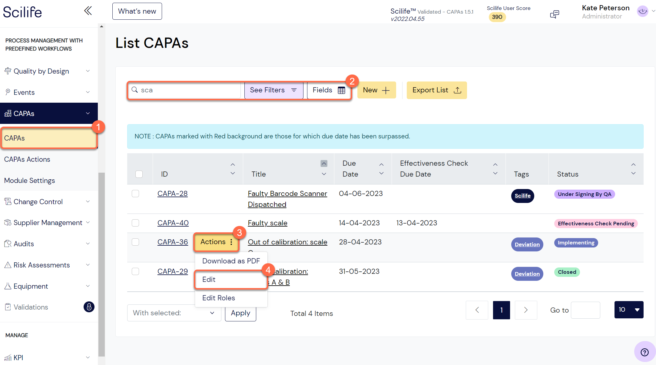 Implementing status: Simple workflow CAPA – Scilife