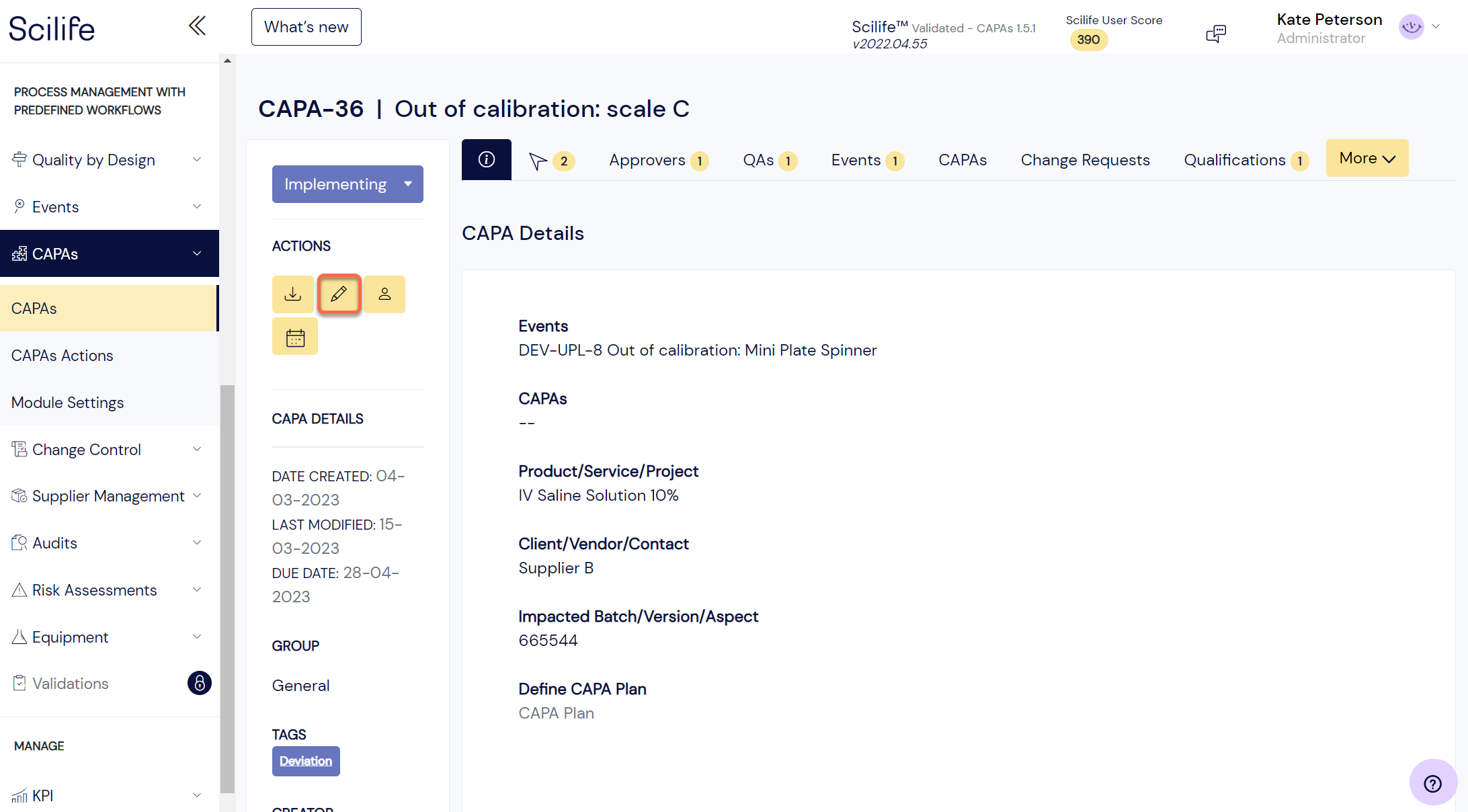 Implementing status: Simple workflow CAPA – Scilife