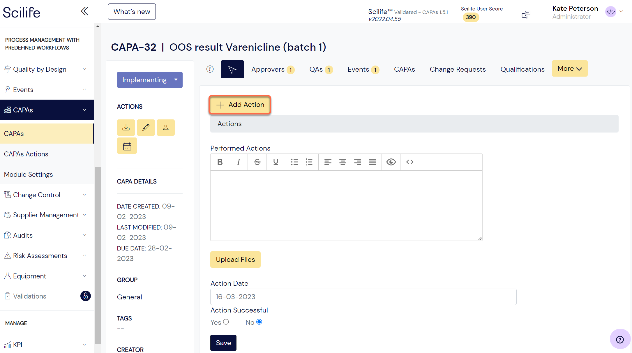 Implementing status: Simple workflow CAPA – Scilife
